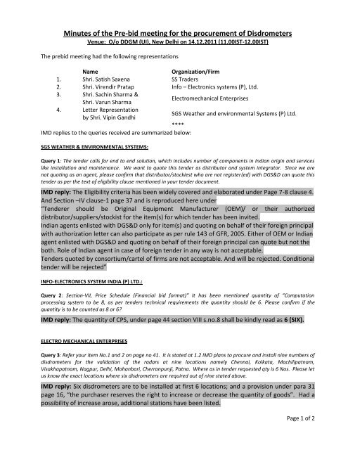 Minutes of the Pre-bid meeting for the procurement of Disdrometers