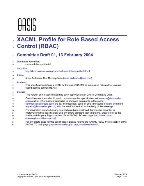 XACML Profile for Role Based Access Control (RBAC) - CD XACML Profile for Role Based Access Control (RBAC) - CD