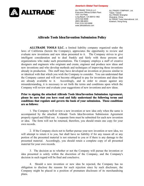 Alltrade Tools Idea/Invention Submission Policy