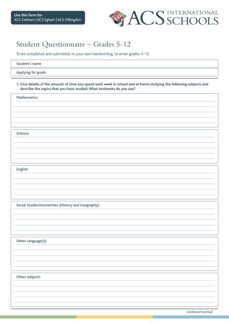 Student Questionnaire – Grades 5-12 - ACS International Schools