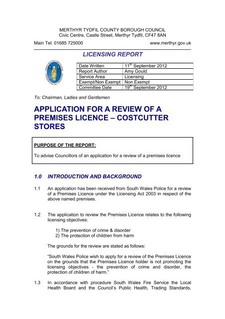 Application to review a Premises Licence - Merthyr Tydfil County ...