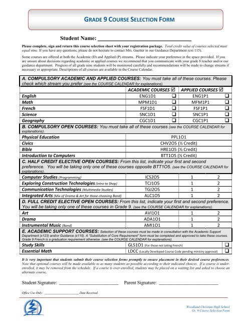 grade 9 course selection form - Woodland Christian High School