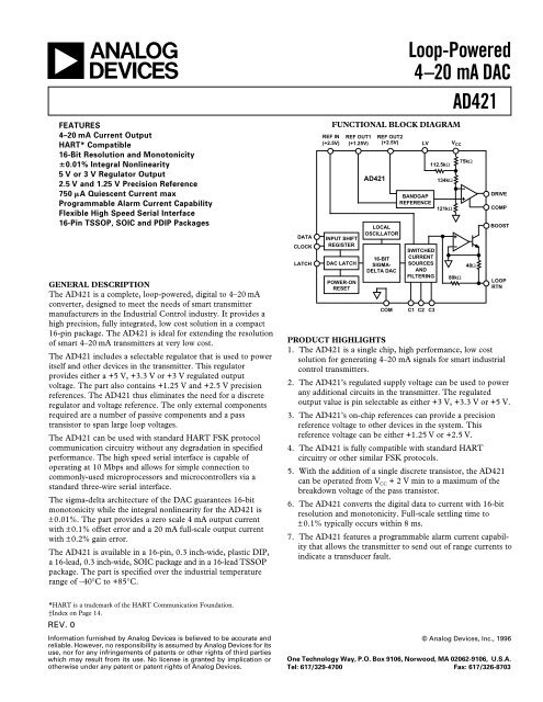 Loop-Powered 4â 20 mA DAC AD421