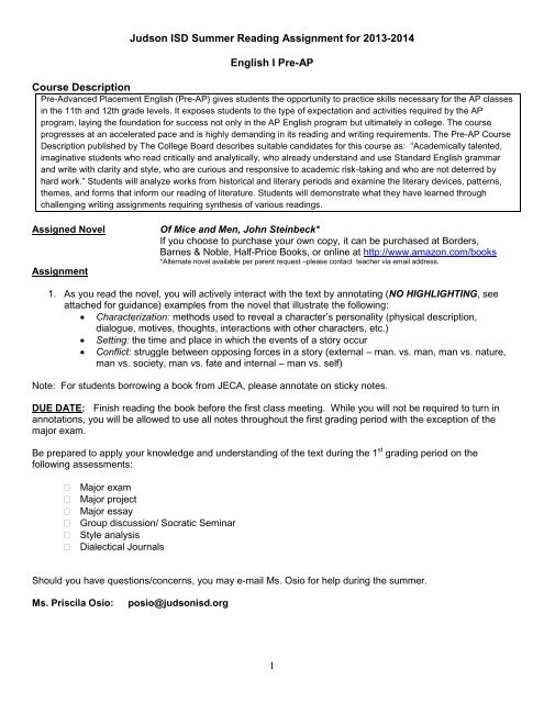 Incoming English I Summer Reading Assignment