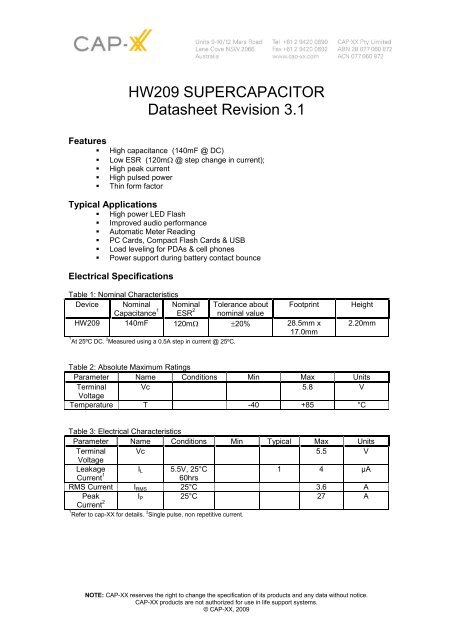 HW209 Data Sheet - Cap-XX