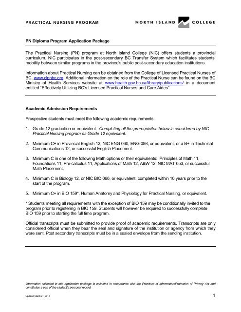 Practical Nursing Intake Package - North Island College