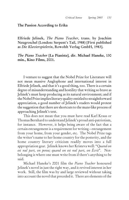 The Passion According to Erika Elfriede Jelinek, The ... - Lydia Perovic