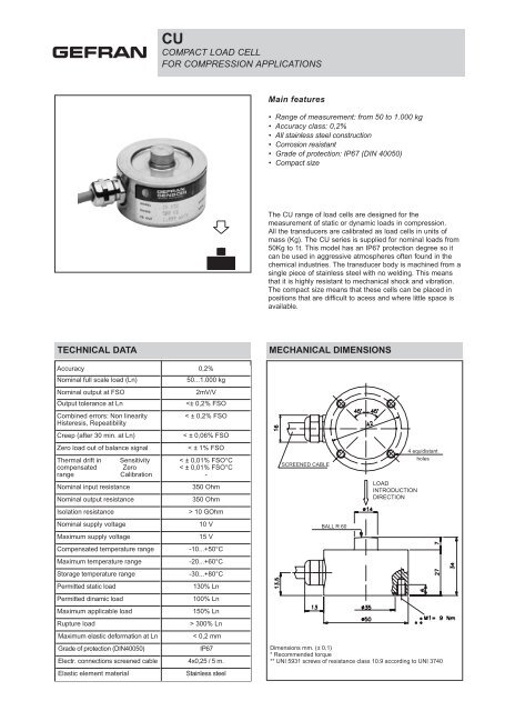 compact load cell for compression applications ... - gefran.sk