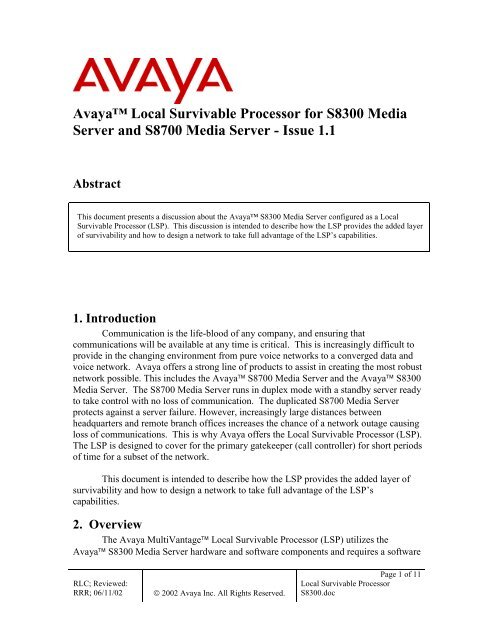Avayaâ ¢ S8300 Media Server Local Survivable ... - Avaya Support