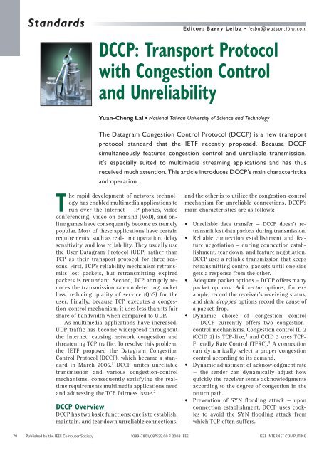 DCCP: Transport Protocol with Congestion Control and Unreliability