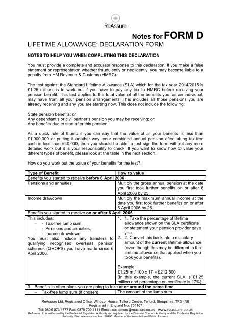 Notes for FORM D - ReAssure