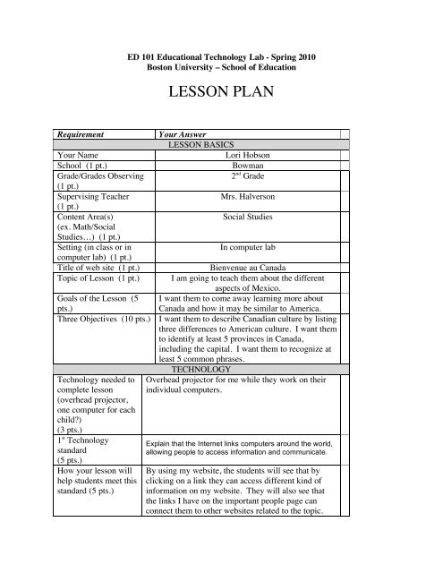 Bienvenue au Canada Lesson Plan.pdf - Ed 101 - Boston University