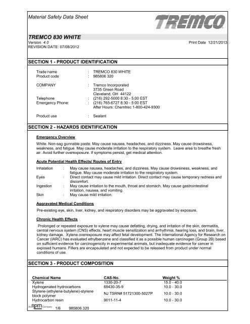 Tremco 830 White MSDS - Tremco Sealants