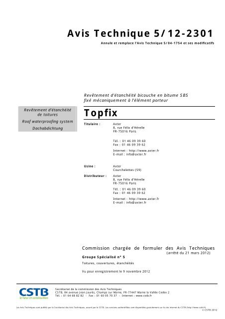 Avis Technique 5/12-2301 Topfix - Axter