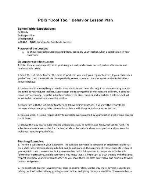 PBIS â Cool Toolâ Behavior Lesson Plan - Milwaukee Public Schools
