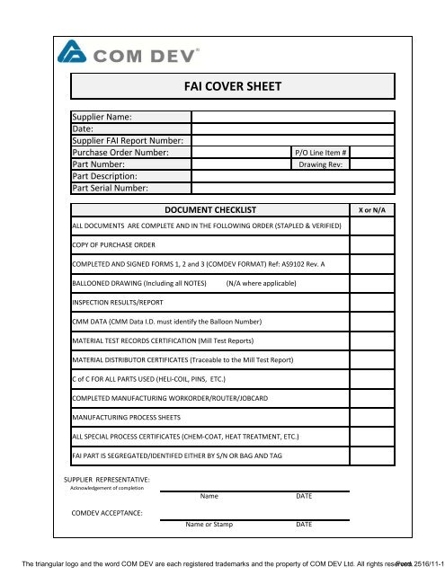First Article Inspection - Com Dev