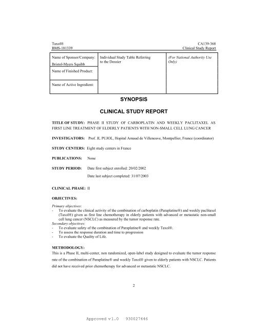 synopsis clinical study report - Clinical Trials - Bristol-Myers Squibb