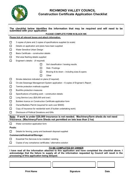 Construction Certificate Form - Oct 2012 - Richmond Valley Council