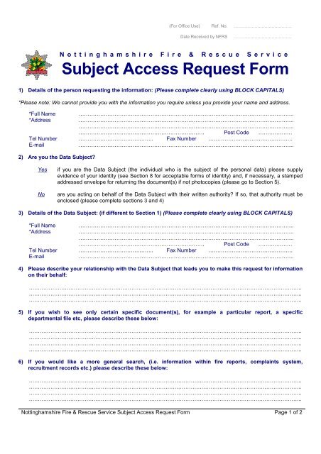 Subject Access Request Form - Nottinghamshire Fire and Rescue ...