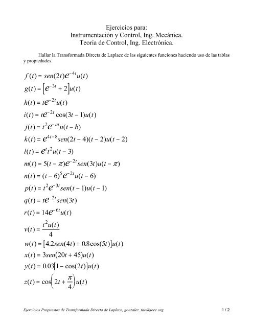 Ejercicios Propuestos: Transformada Directa de Laplace (PDF)