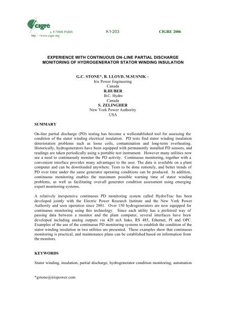 cigre 06 - experience with continuous on-line partial discharge ...