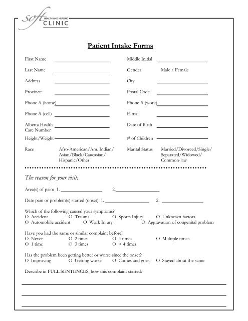 Patient Intake Forms - Soft Health and Healing Clinic