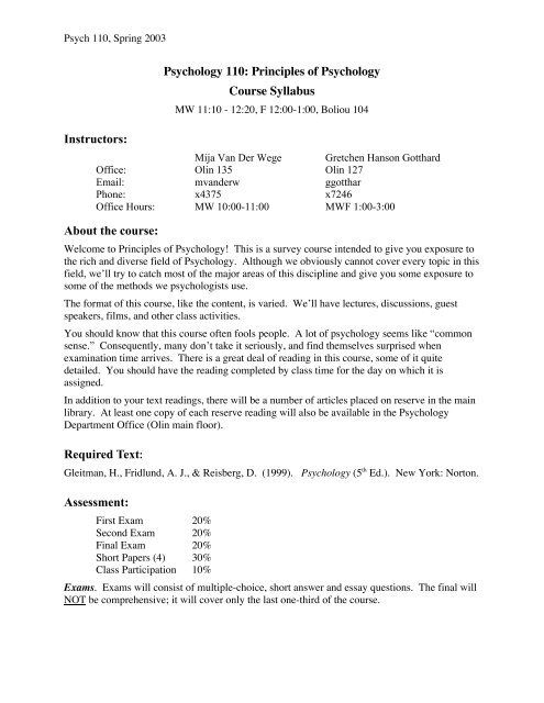 Psychology 110: Principles of Psychology Course Syllabus ...