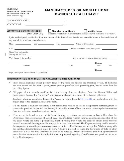manufactured or mobile home ownership affidavit - Sedgwick County