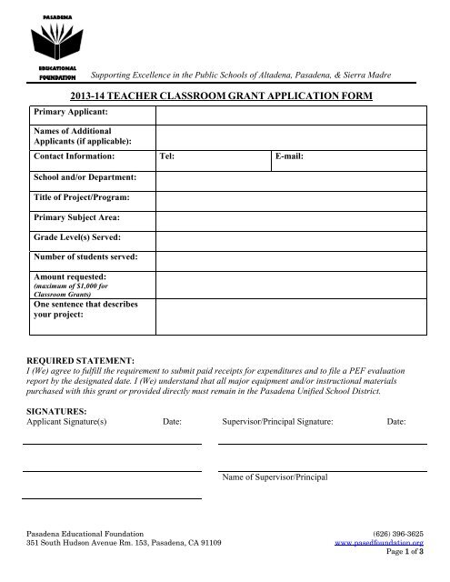 PEF Teacher Grant Application Form 2013-14 (PDF Format)