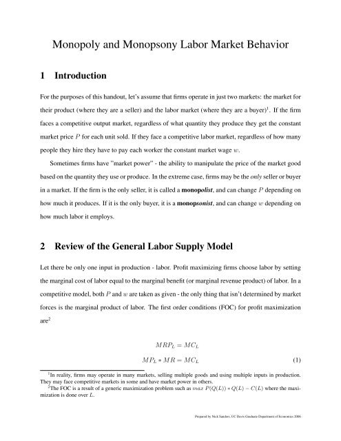 Monopoly and Monopsony Labor Market Behavior - Nicholas J ...