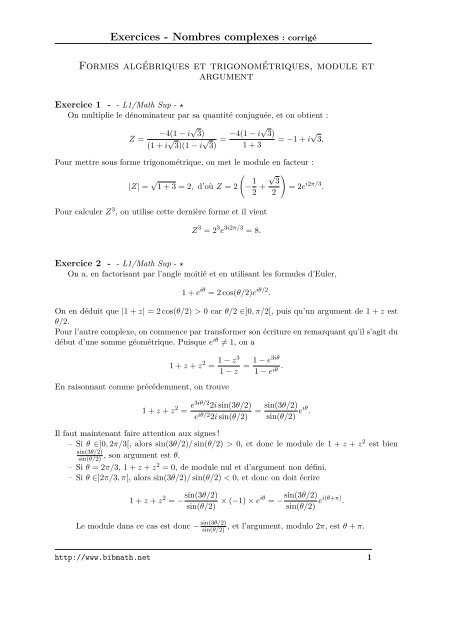 Exercices - Nombres complexes : corrigÃ© Formes ... - Bibmath