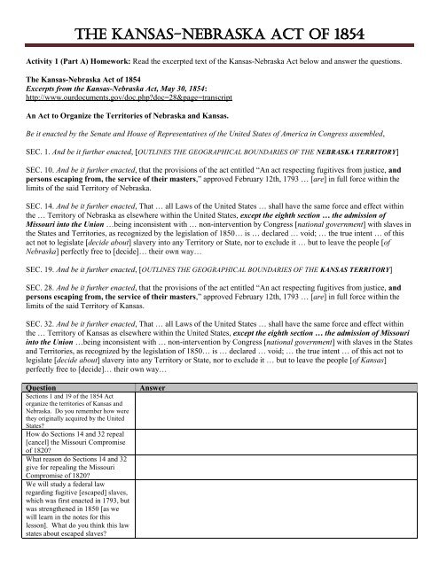 The Kansas-Nebraska Act of 1854 - Warren Hills Regional School ...