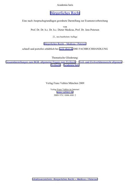 Bürgerliches Recht - Medicus / Petersen, Sachverzeichnis