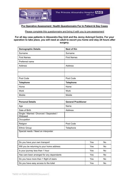 Health Questionnaire - The Princess Alexandra Hospital | NHS Trust