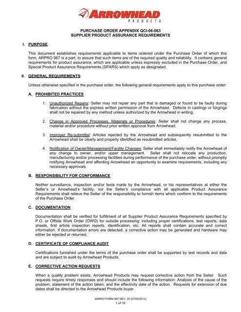 Supplier Product Assurance Requirements - Arrowhead Products