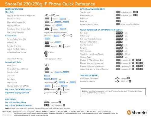 ShoreTel 230 / 230g Quick Reference Guide