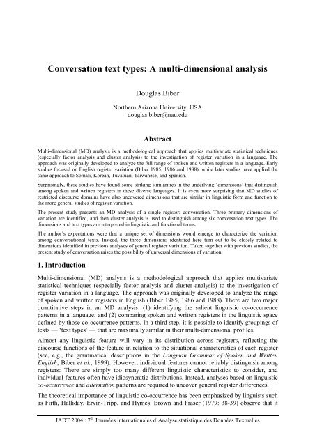 Conversation text types: A multi-dimensional analysis - Lexicometrica
