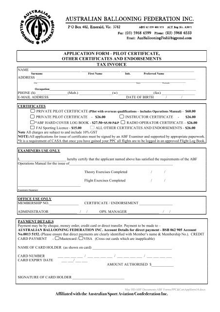 certificate application form - Australian Ballooning Federation