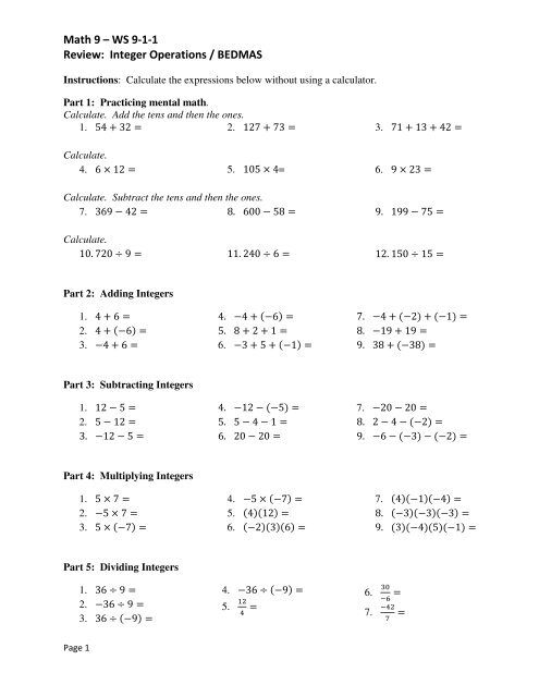 WS 9-1-1 Integers BEDMAS - AbbyNet