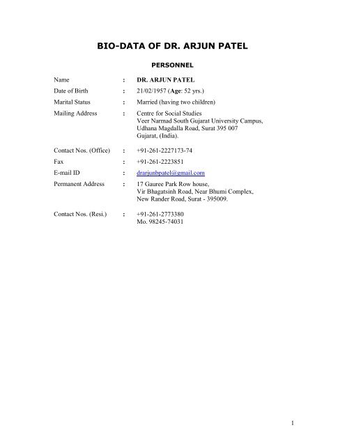 BIO-DATA OF DR. ARJUN PATEL - Centre For Social Studies