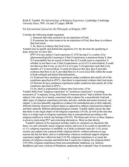Keith Yandell, The Epistemology of Religious Experience - Western ...