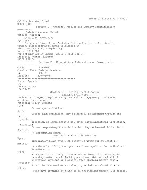 Material Safety Data Sheet Calcium Acetate, Dried MSDS# 90105 ...