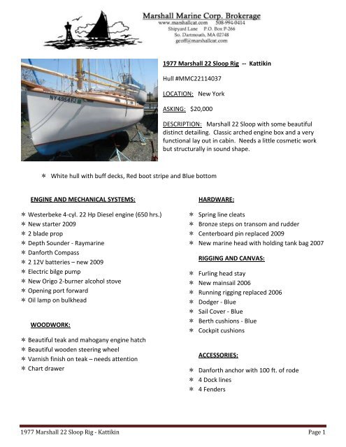 1977 Marshall 22 Sloop Rig -- Kattikin Hull ... - Marshall Marine