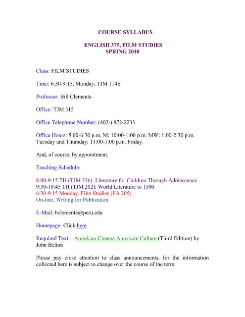 COURSE SYLLABUS ENGLISH 375, FILM STUDIES SPRING 2010 ...