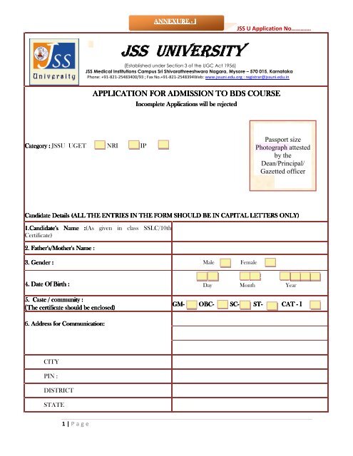 Application form - JSS University, Mysore