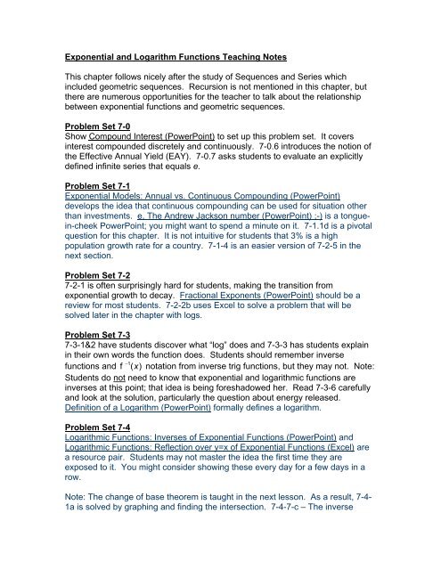 Exponential and Logarithm Functions Teaching Notes This chapter ... Exponential and Logarithm Functions Teaching Notes This chapter ...