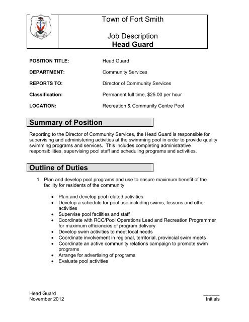 Town of Fort Smith Job Description Head Guard Summary of ...