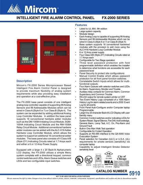 FX-2000 Series Intelligent Fire Alarm Control Panel - Mircom