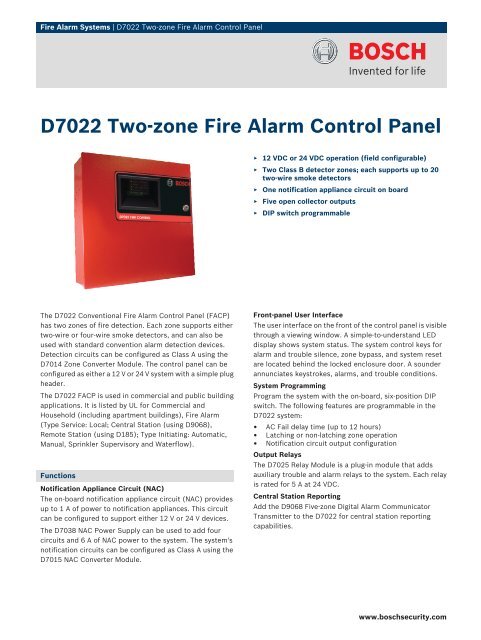 D7022 Two-zone Fire Alarm Control Panel
