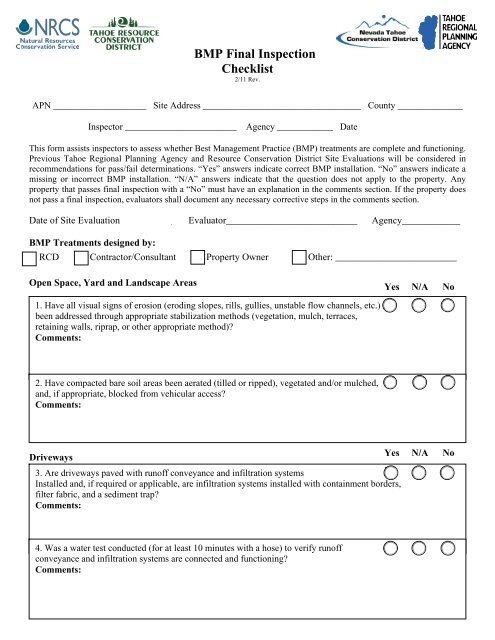 BMP Final Inspection Checklist Form - Tahoe Resource ...